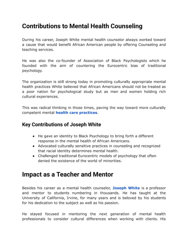 Joseph White Mental Health Counselor – A Pioneer in Counseling and ...