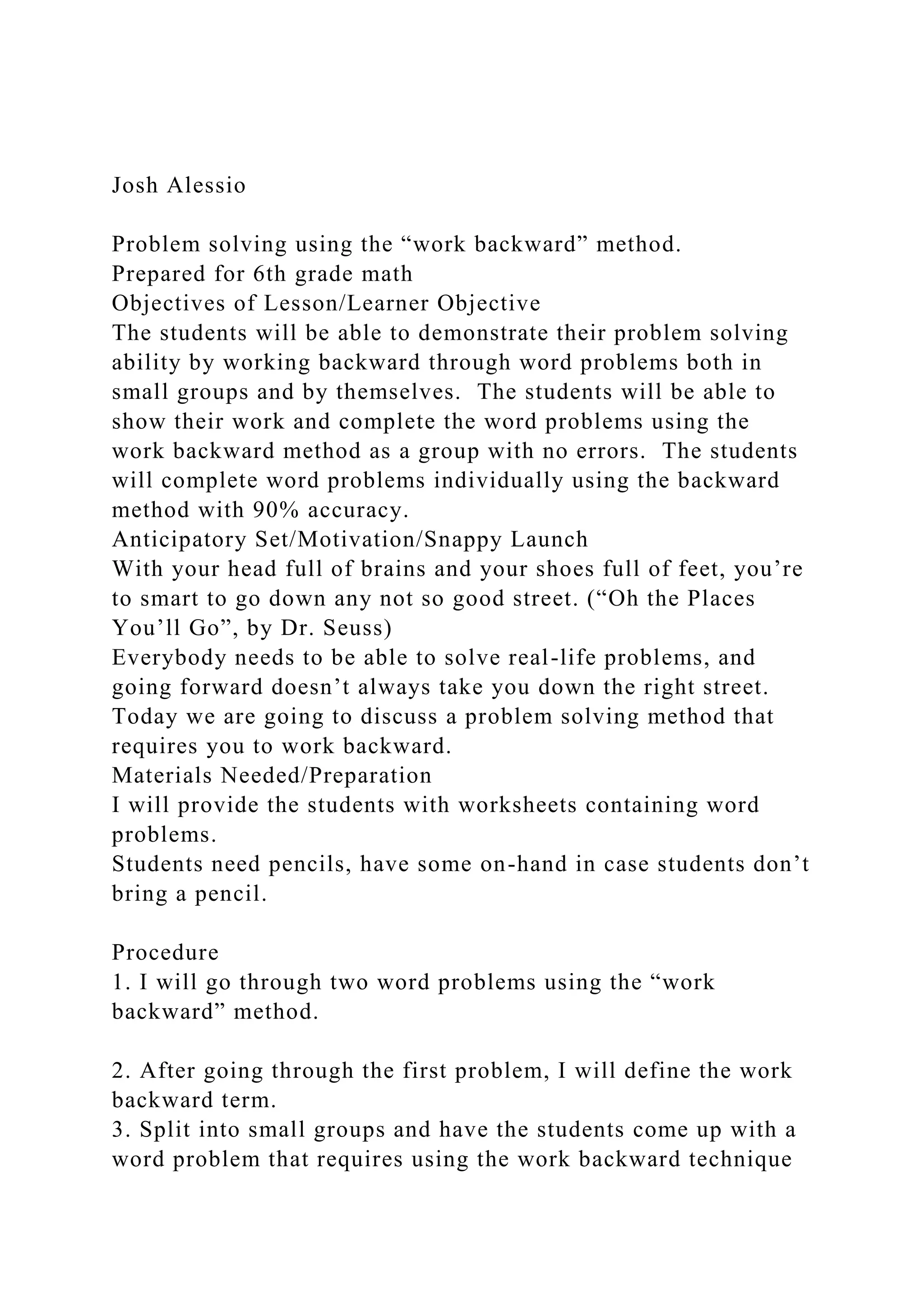 Josh AlessioProblem solving using the work backward” method..docx ...