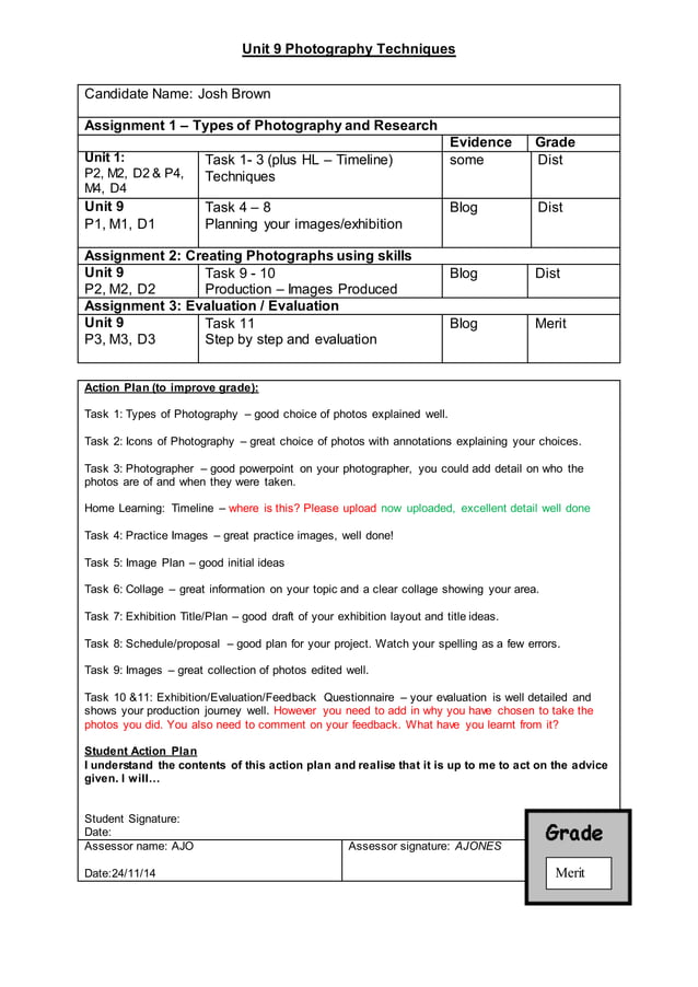 Josh brown unit 9 assignment 1 marking sheet | PDF
