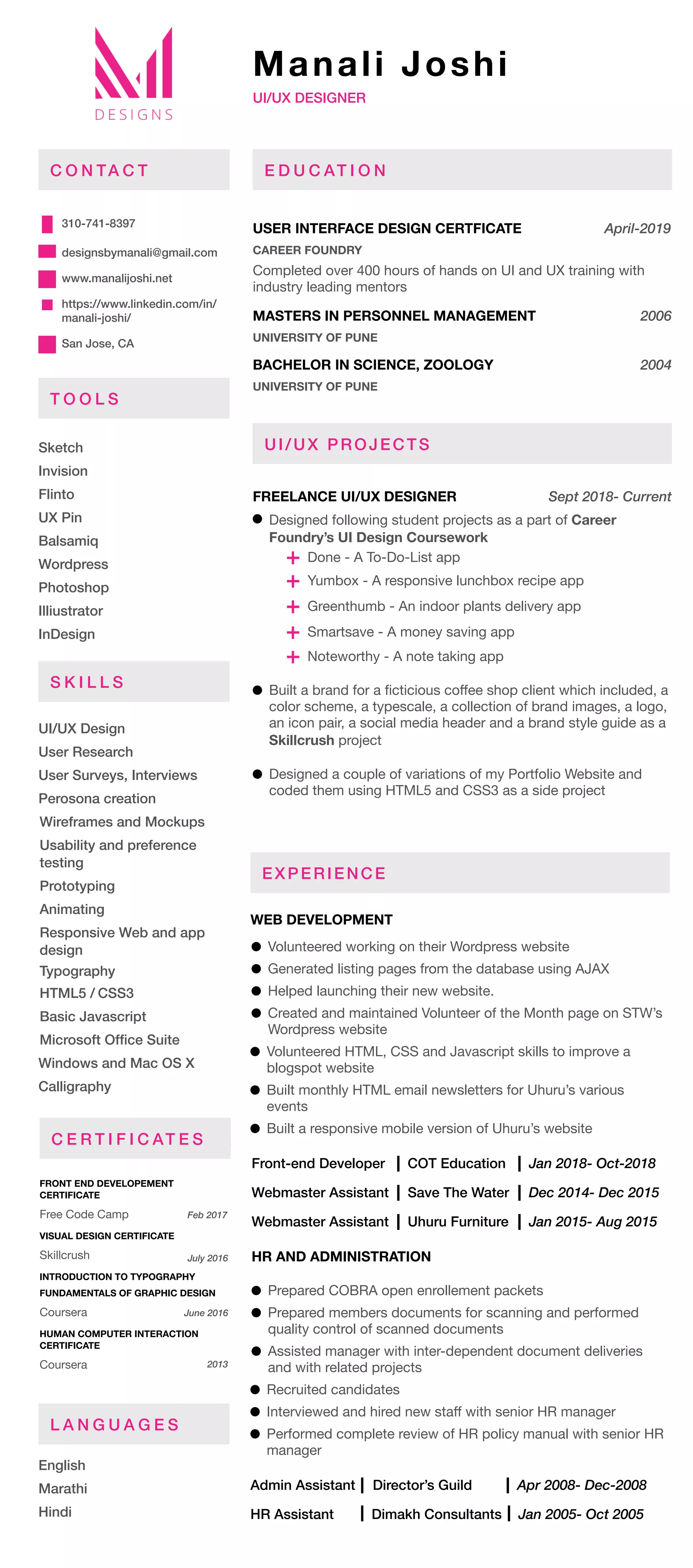 Manali Joshi UI Designer Resume | PDF