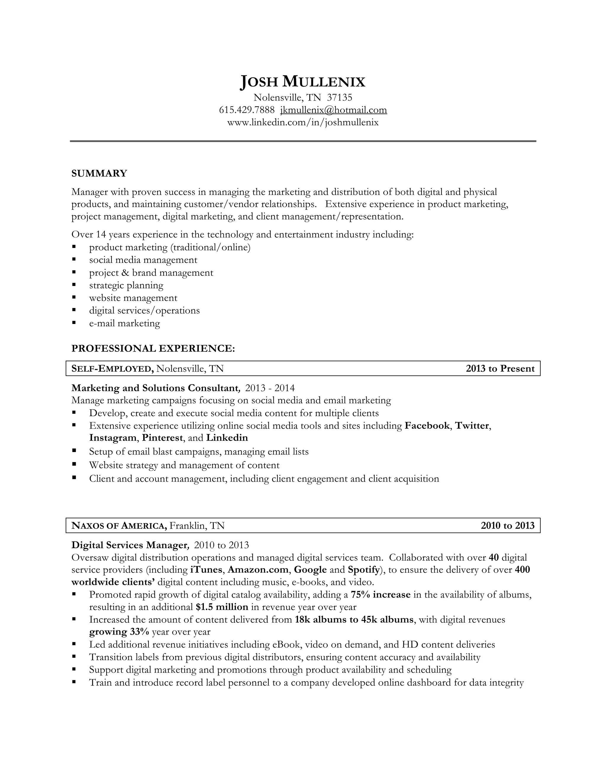 Josh mullenixresume | PDF | Marketing and Advertising | Business
