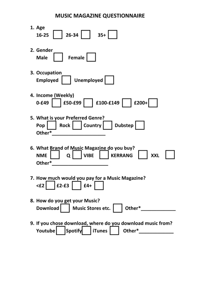 Josh robinson blank questionnaire design | DOCX | Music | Entertainment