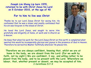 In Loving Memory Of Joseph Lim Kheng Lip | PPS