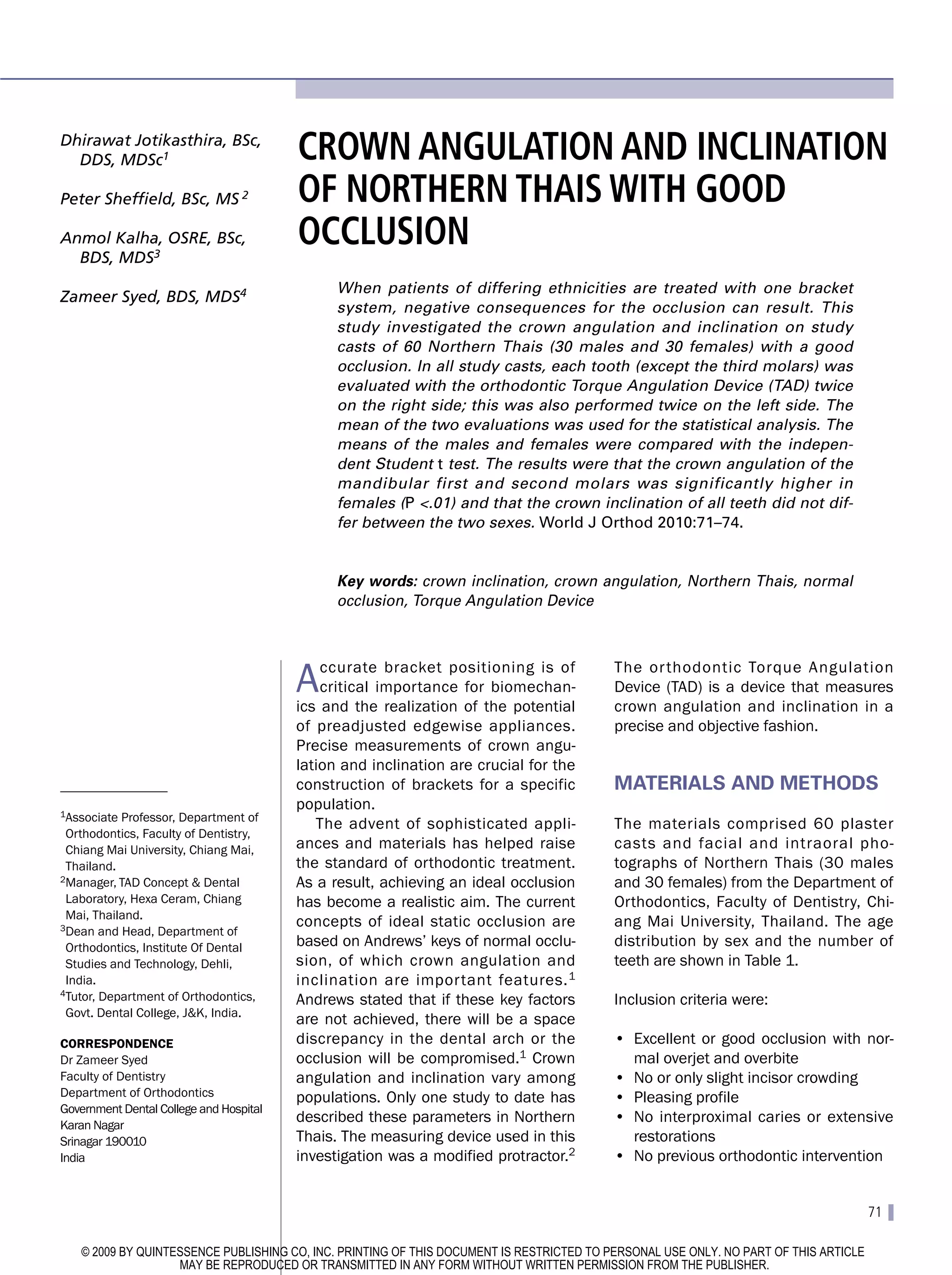 Crown Angulation and Inclination with good occlusion | PDF