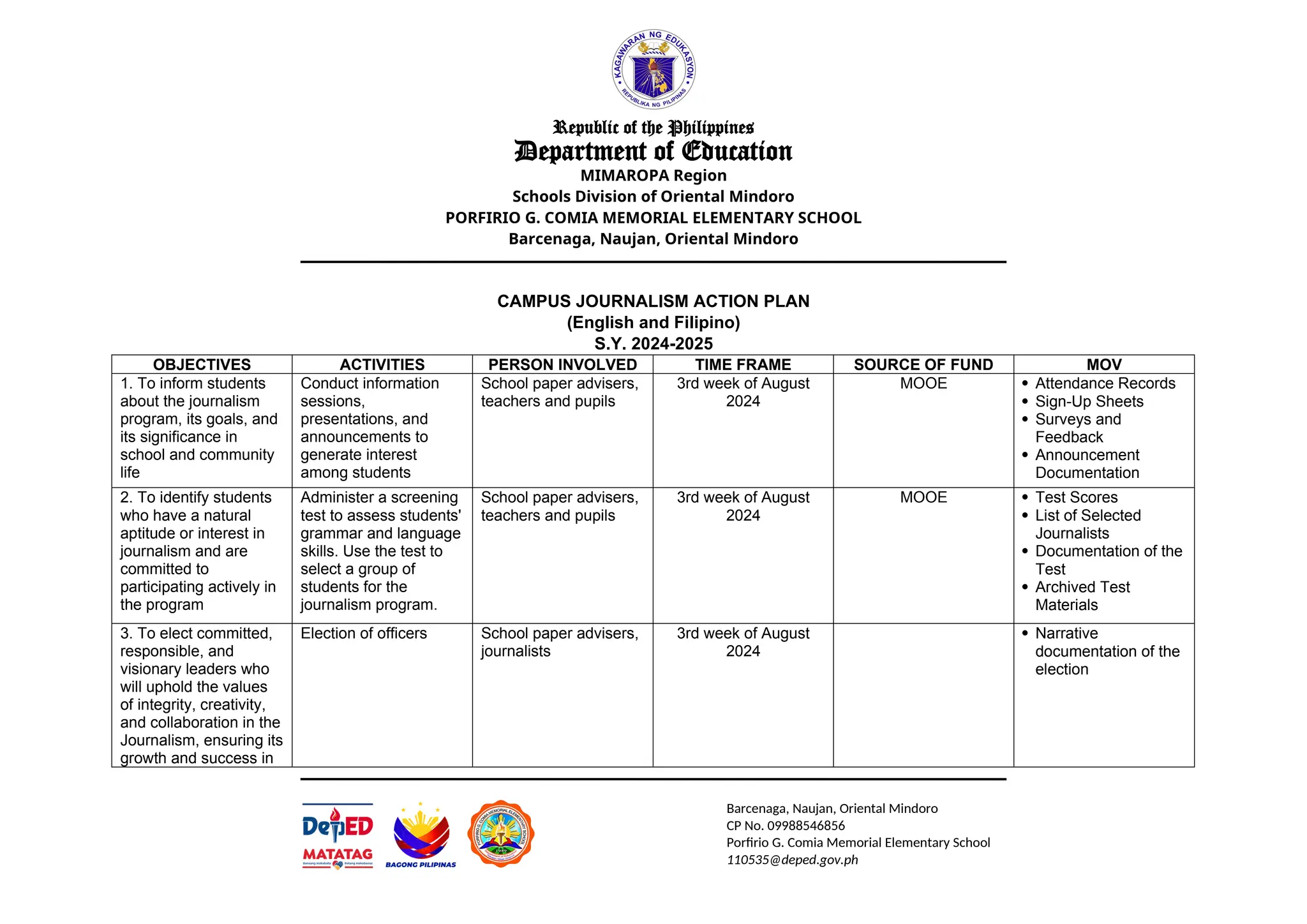 Action Plan for Elementary and Secondary campus Journalism | DOCX