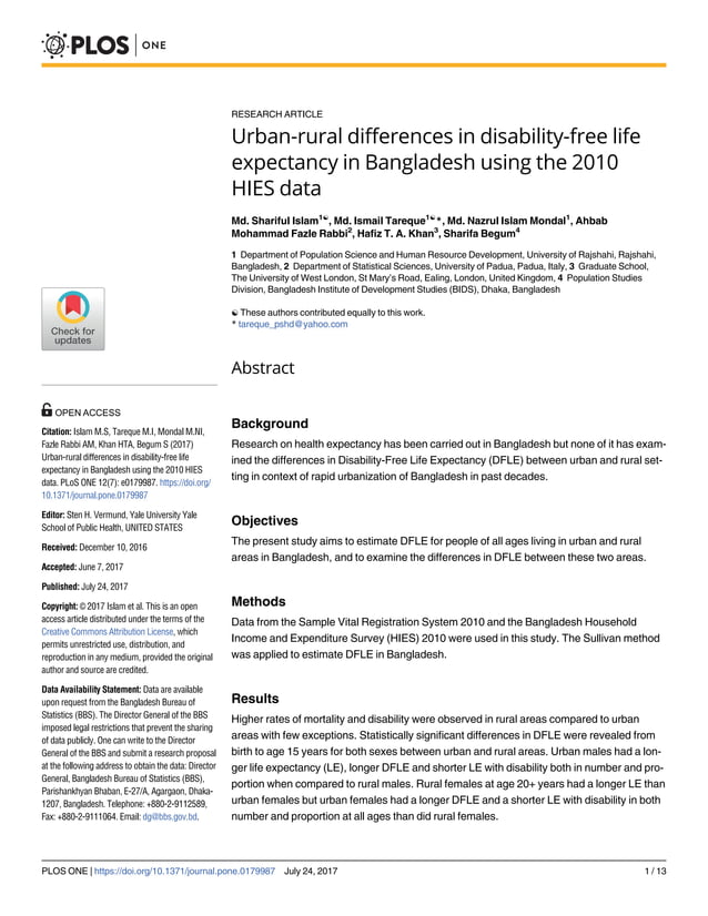 Urban-rural differences in disability-free life expectancy in Bangladesh using the 2010 HIES ...
