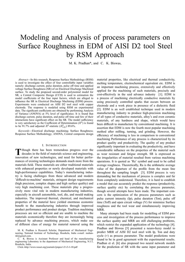 Modeling and Analysis of process parameters on Surface Roughness in EDM ...
