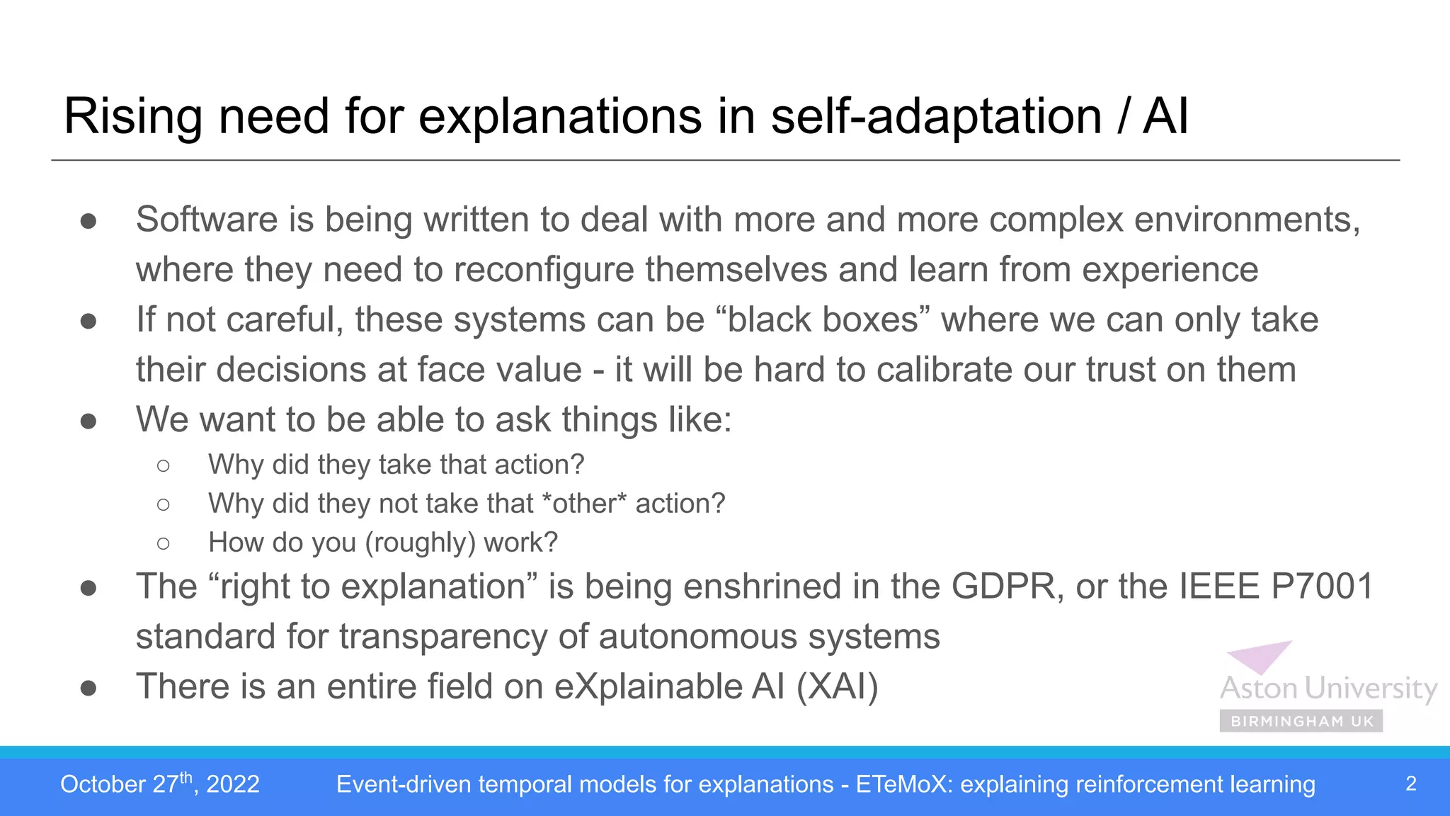 MODELS 2022 Journal-First presentation: ETeMoX - explaining reinforcement learning | PDF