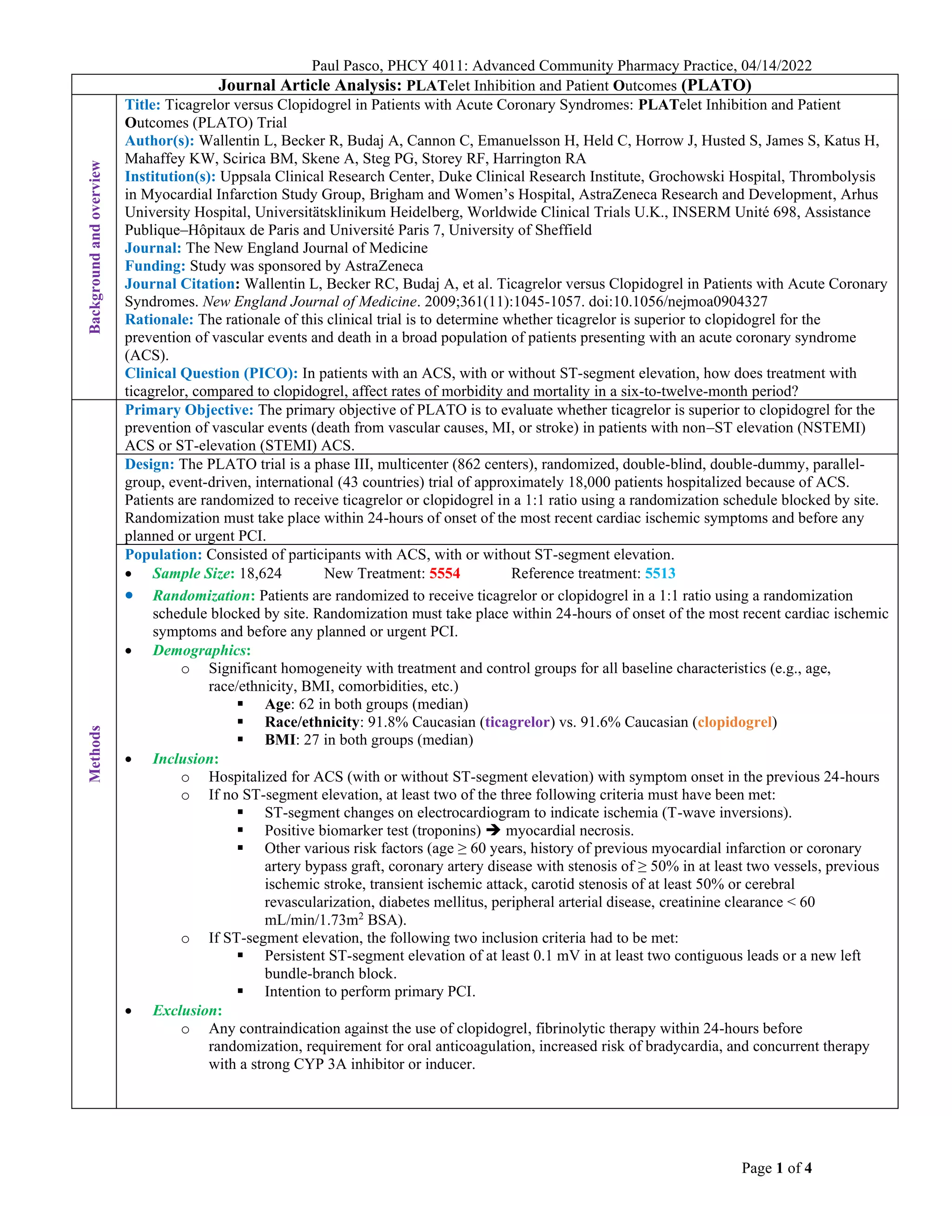 Journal Article Analysis: Ticagrelor versus Clopidogrel in ACS (PLATO ...
