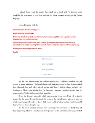 Journal entries Secondary Level | DOCX