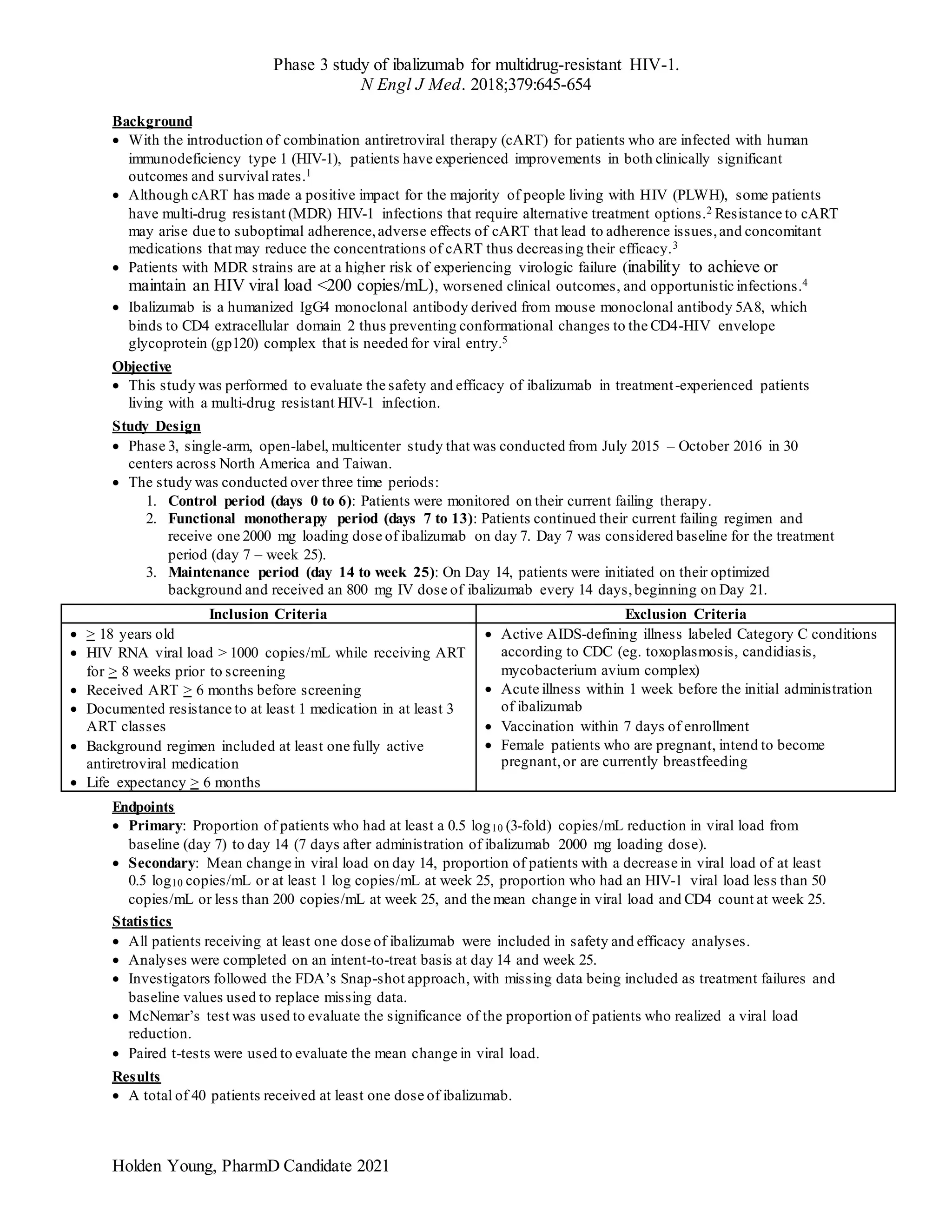 Ibalizumab - Journal Club Handout (Holden Young - Roseman University of ...