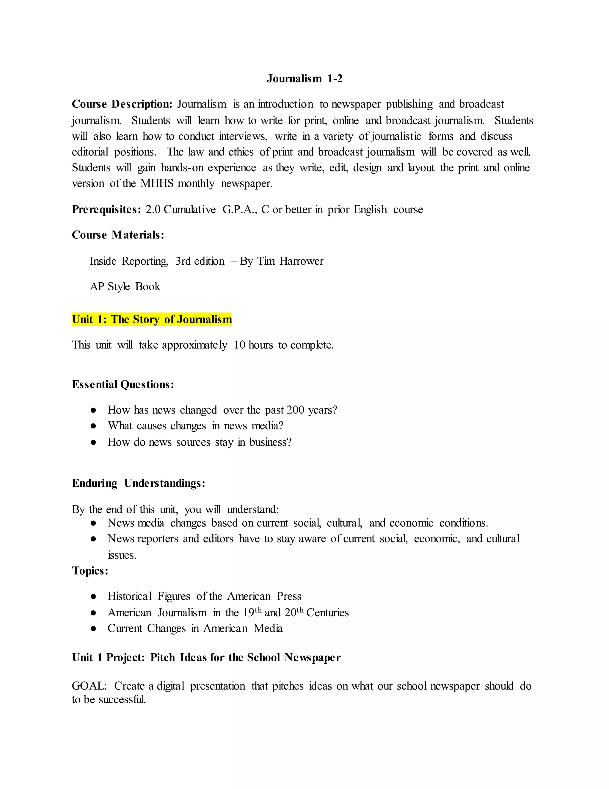 Journalism 1 2 course overview | DOCX