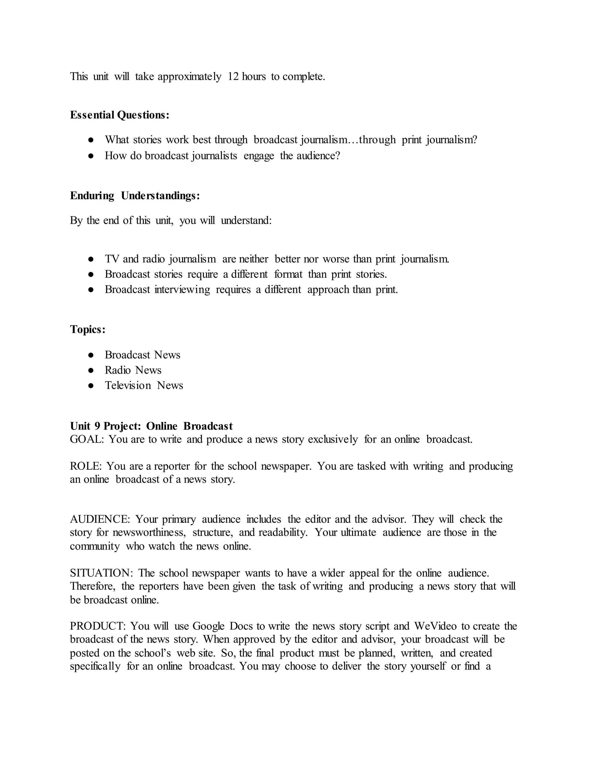 Journalism 1 2 course overview | DOCX