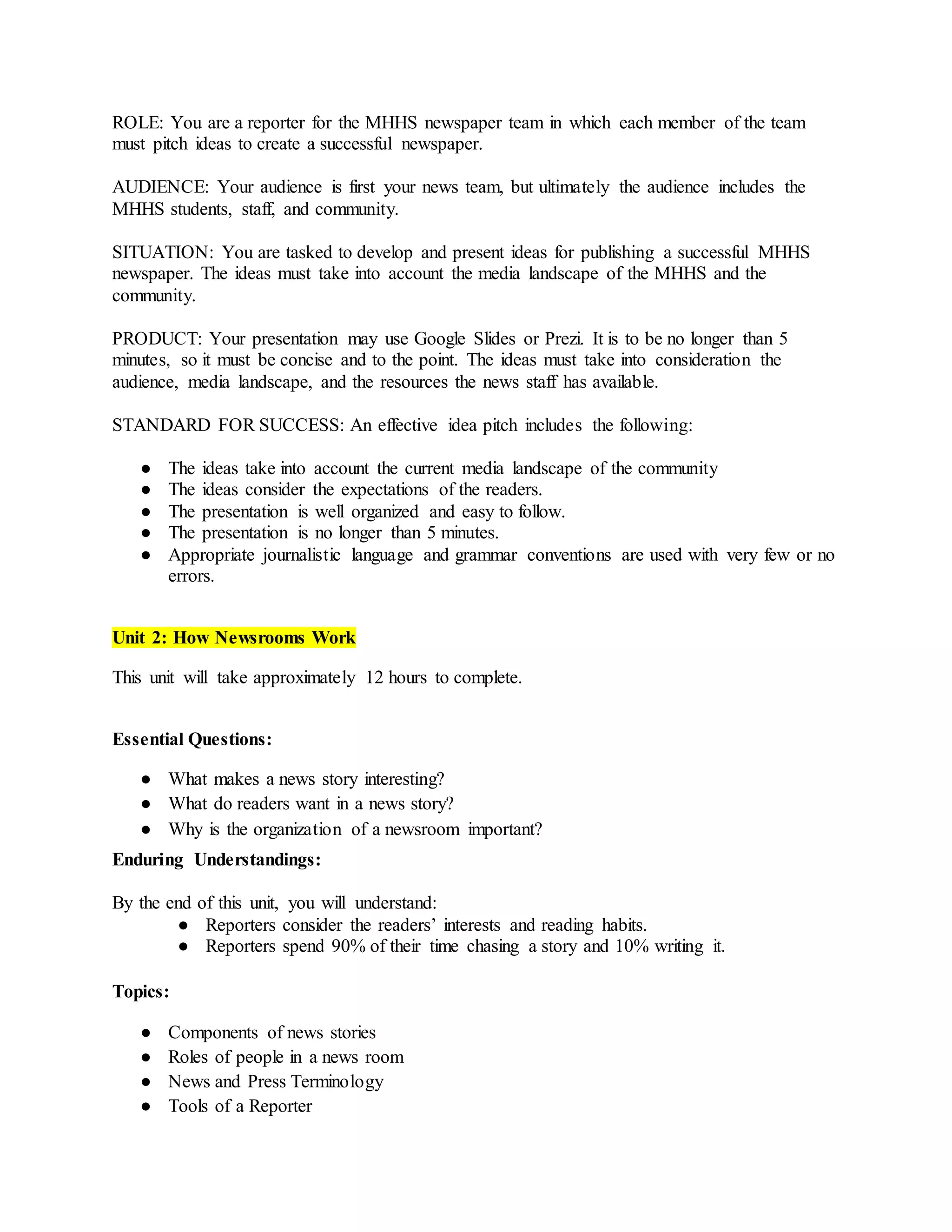Journalism 1 2 course overview | DOCX