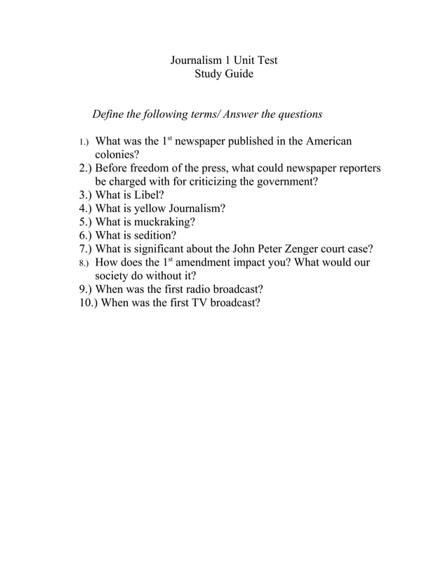 Journalism 1 Unit Test | DOC