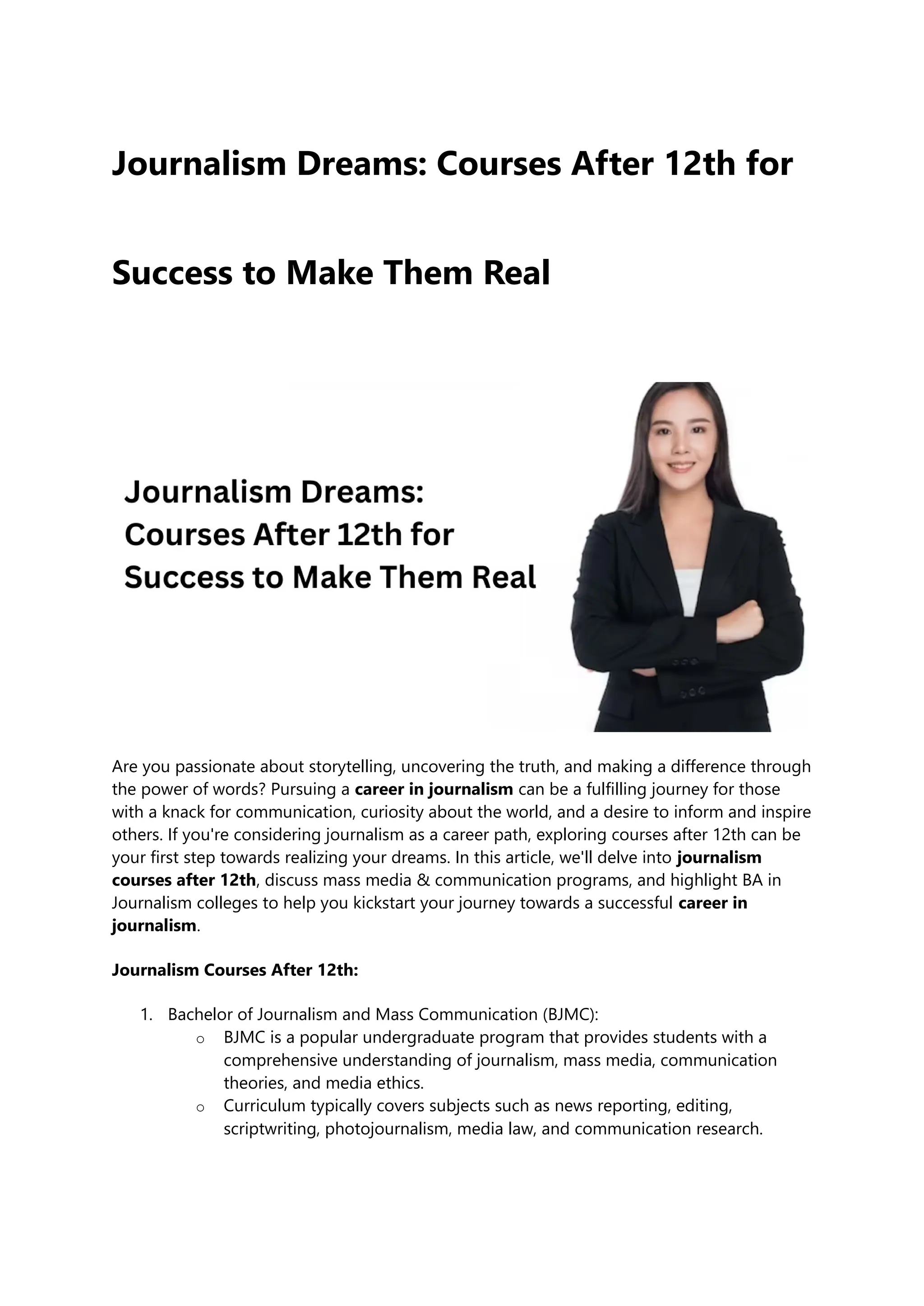 Journalism Dreams: Courses After 12th for Success to Make Them Real | PDF