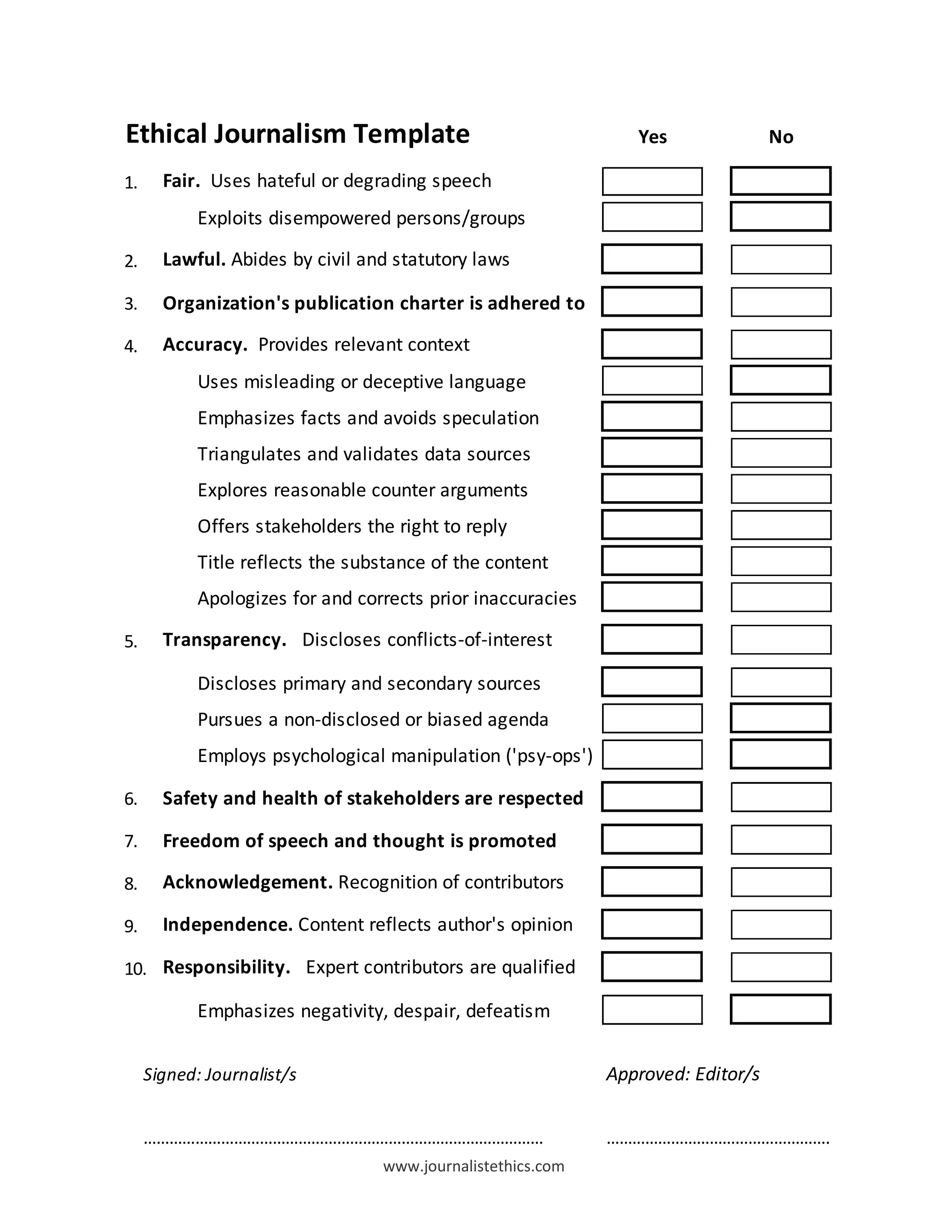 Journalism Ethics - Editors Checklist | PDF