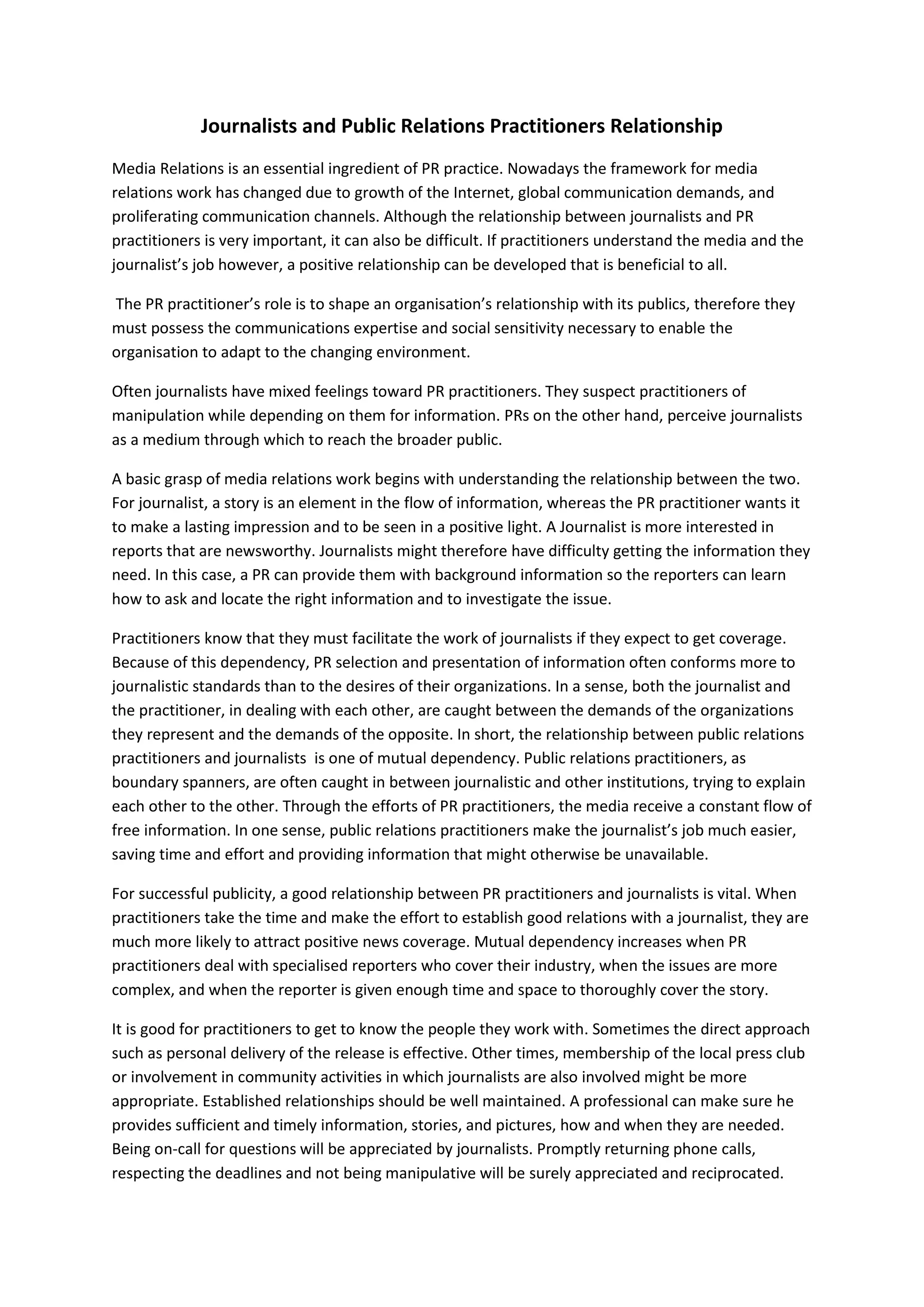 Journalists and public relations practitioners relationship | PDF