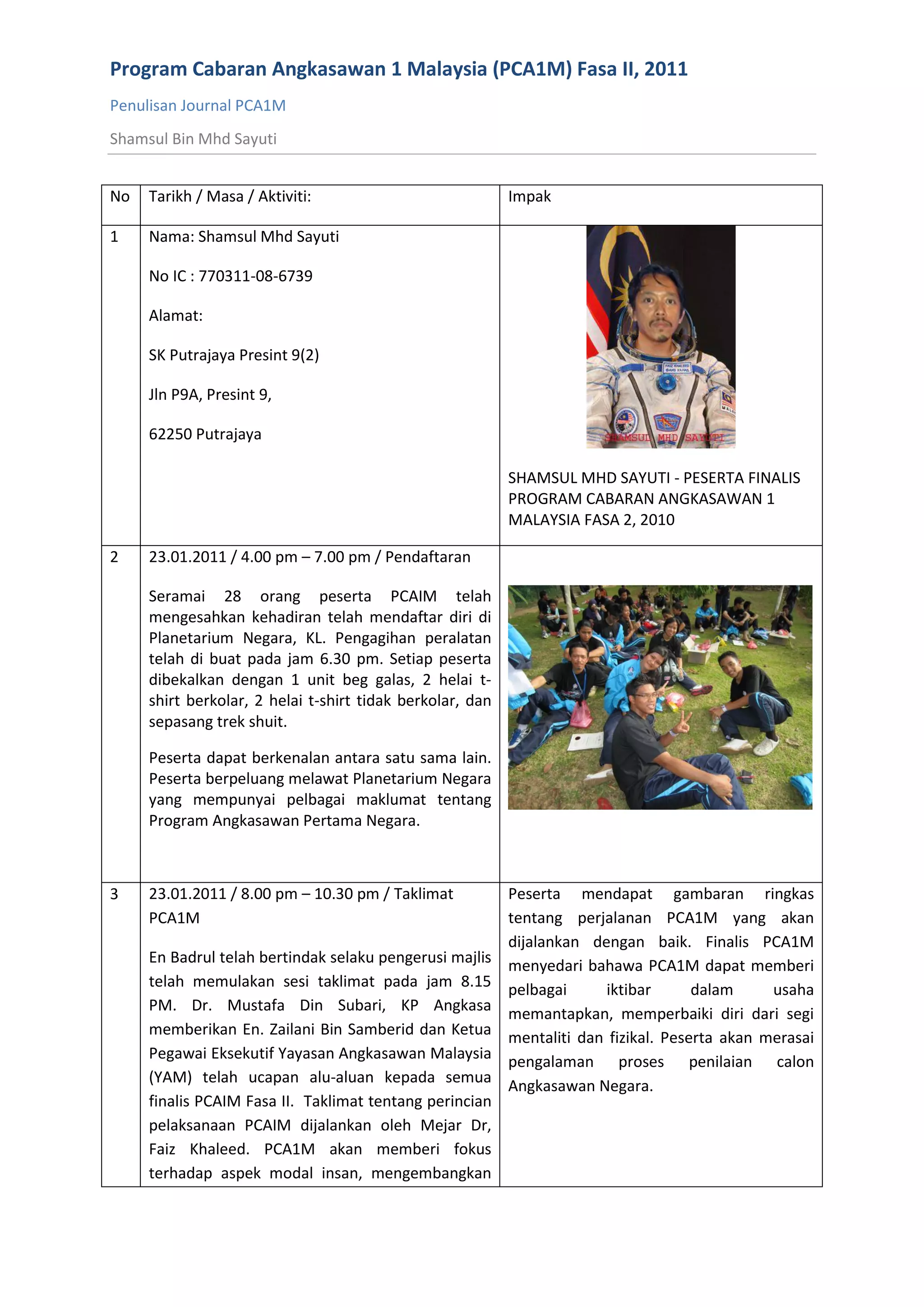 Journal program cabaran angkasawan 1 malaysia 2011 | PDF
