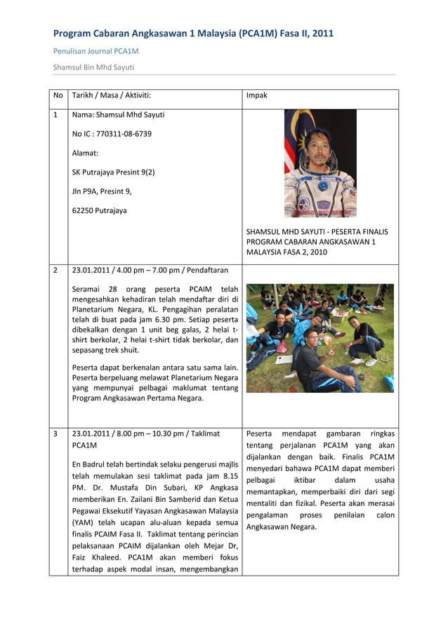 Journal program cabaran angkasawan 1 malaysia 2011 | PDF