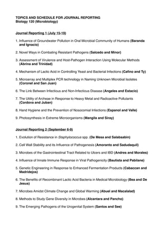 Journal reporting schedule (bio 120) | PDF