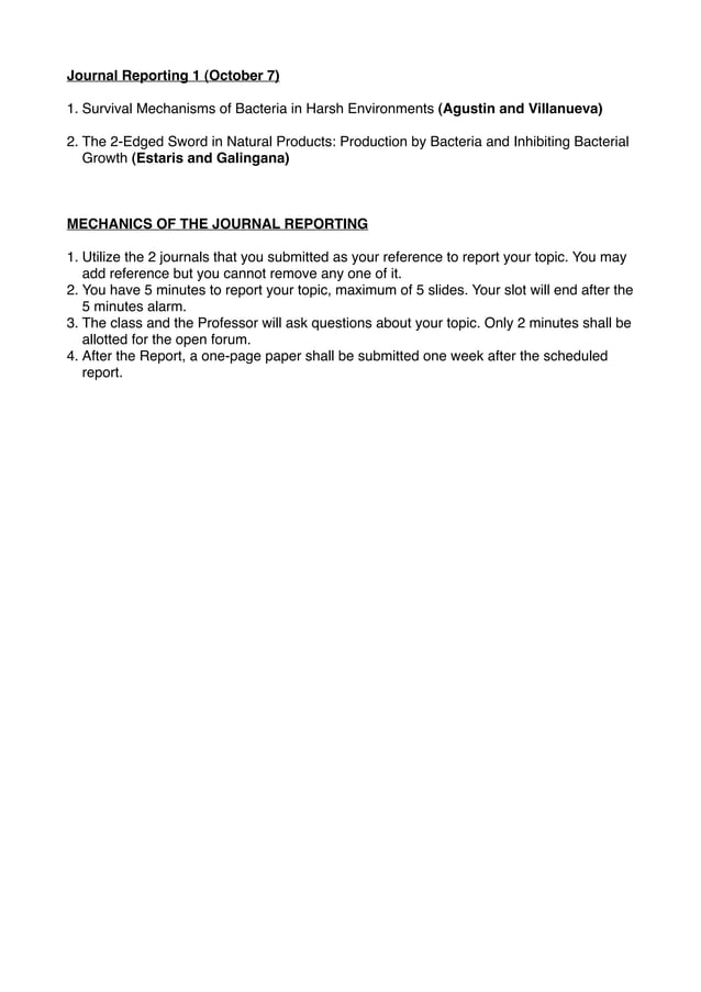 Journal reporting schedule (bio 120) | PDF | Biological Sciences | Science