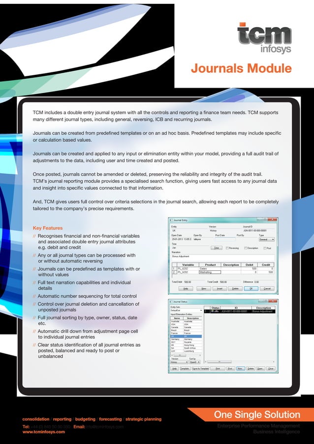 TCM infosys - Journals Module Fact Sheet | PDF