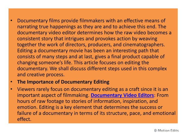 Journey of Documentary Film Editing Stages & Outcomes.pptx