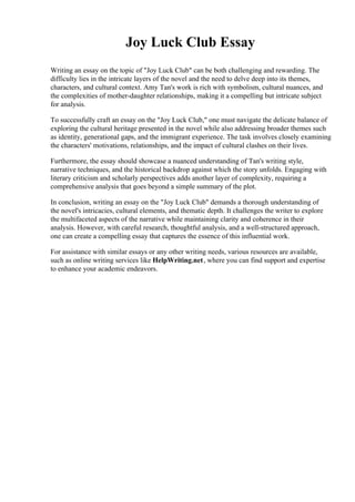 Joy Luck Club Essay. The University of St. Thomas Minnesota | PDF