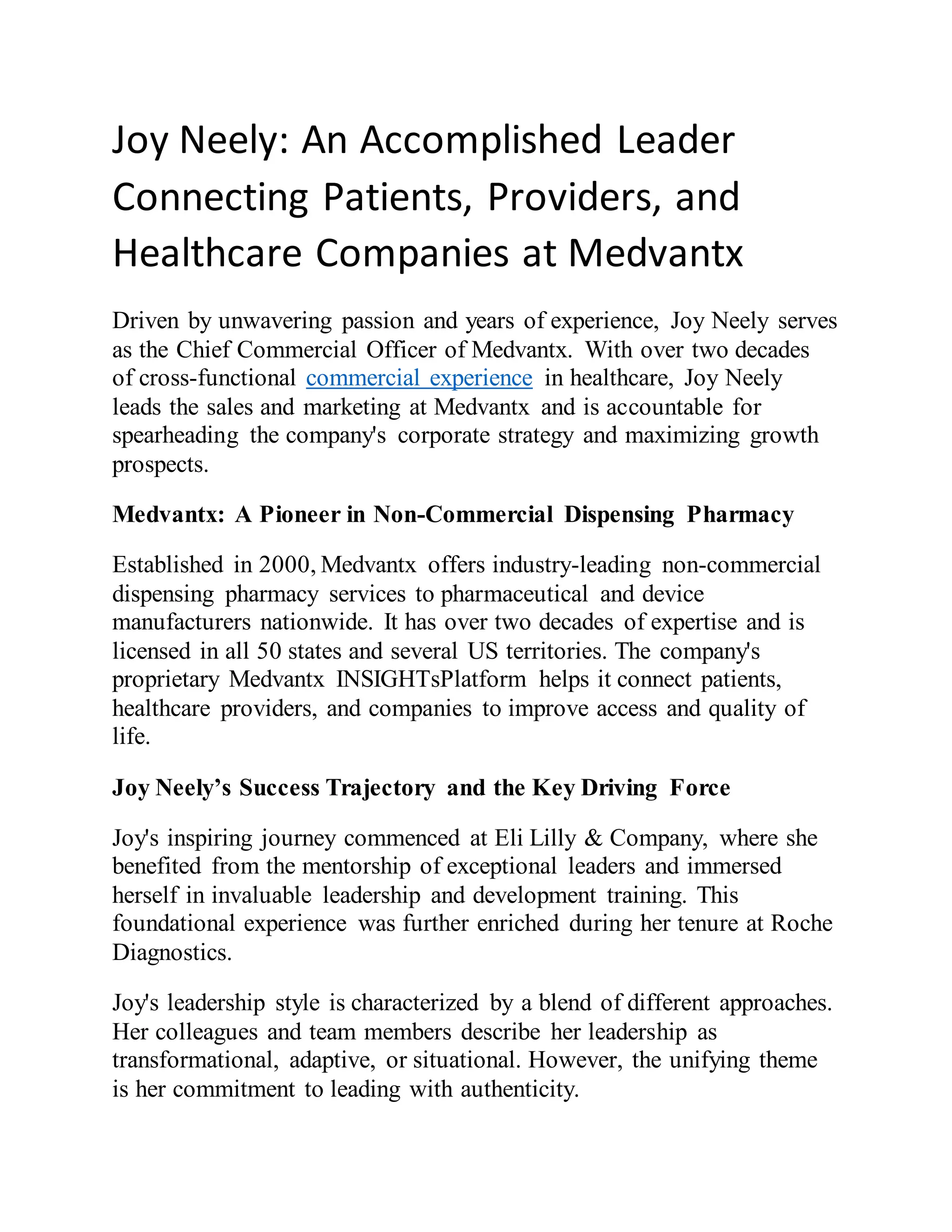 Joy Neely: An Accomplished Leader Connecting Patients, Providers, and Healthcare Companies at ...