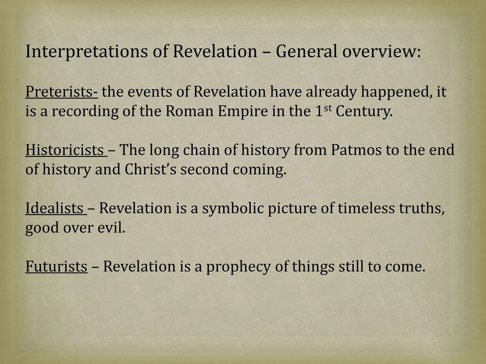 Introduction to interpretations of Revelation | PPTX | Christianity ...