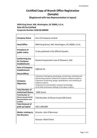 Japan Branch Office Registration Certificate Sample | PDF