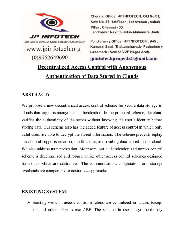 JPJ1405 Decentralized Access Control With Anonymous Authentication of Data Stored in Clouds | DOCX