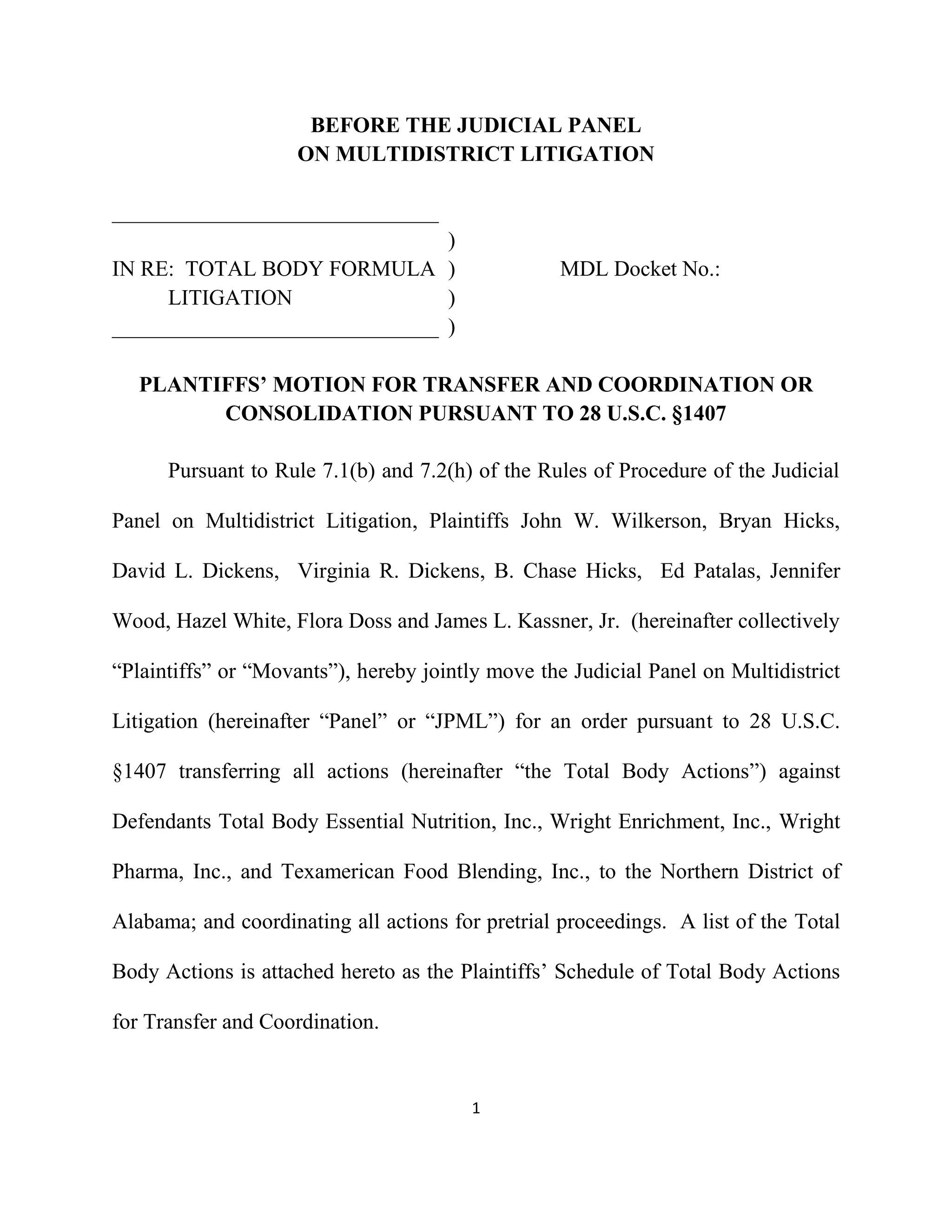 Jpml motion for transfer and consolidation | DOCX