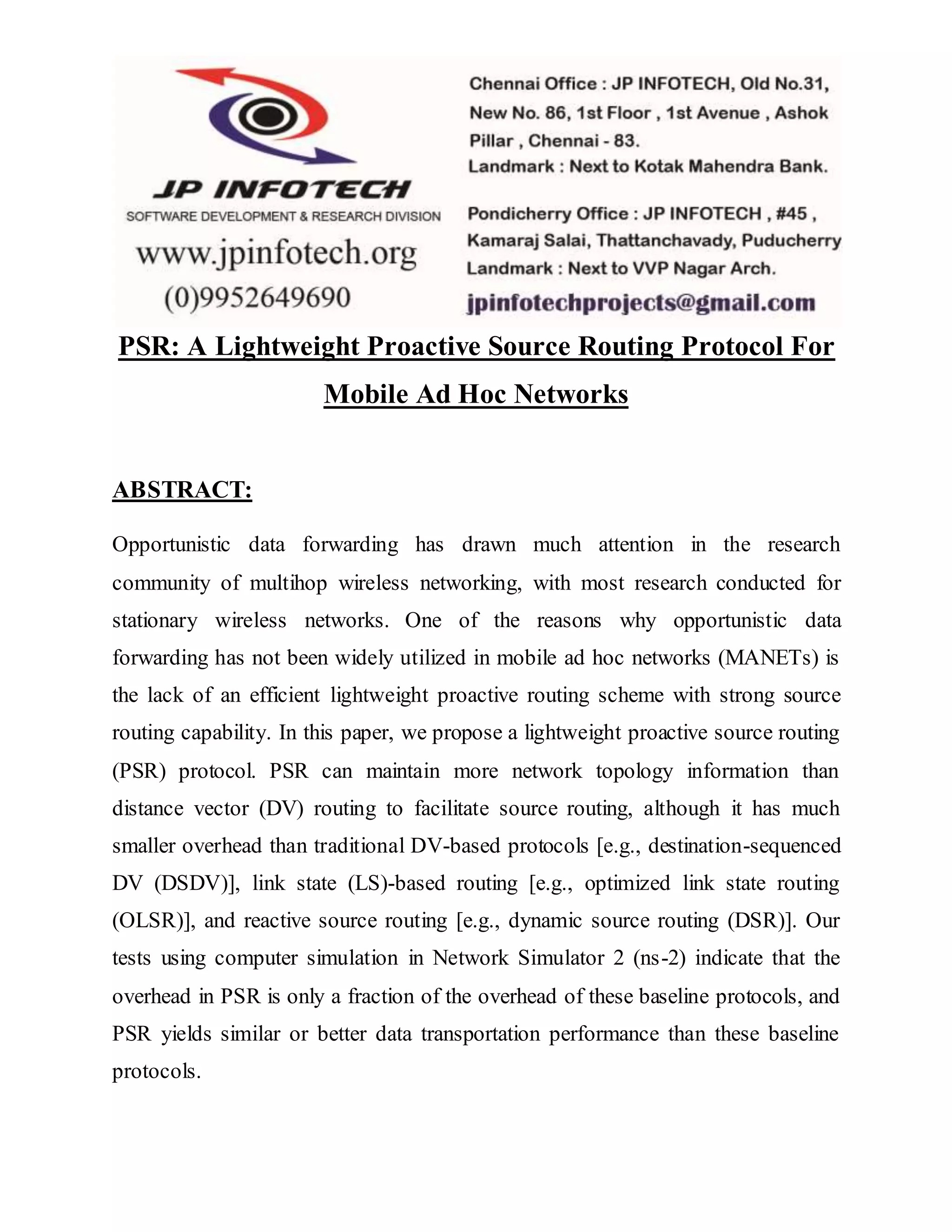 JPN1418 PSR: A Lightweight Proactive Source Routing Protocol For Mobile Ad Hoc Networks | PDF