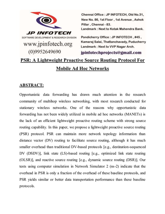 JPN1418 PSR: A Lightweight Proactive Source Routing Protocol For Mobile Ad Hoc Networks | PDF
