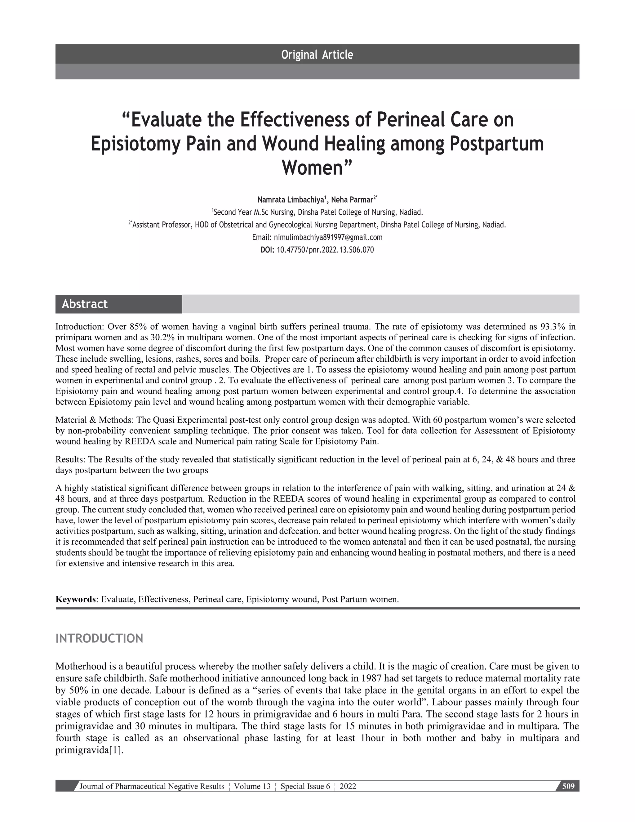 Evaluate the Effectiveness of Perineal Care on Episiotomy Pain and ...