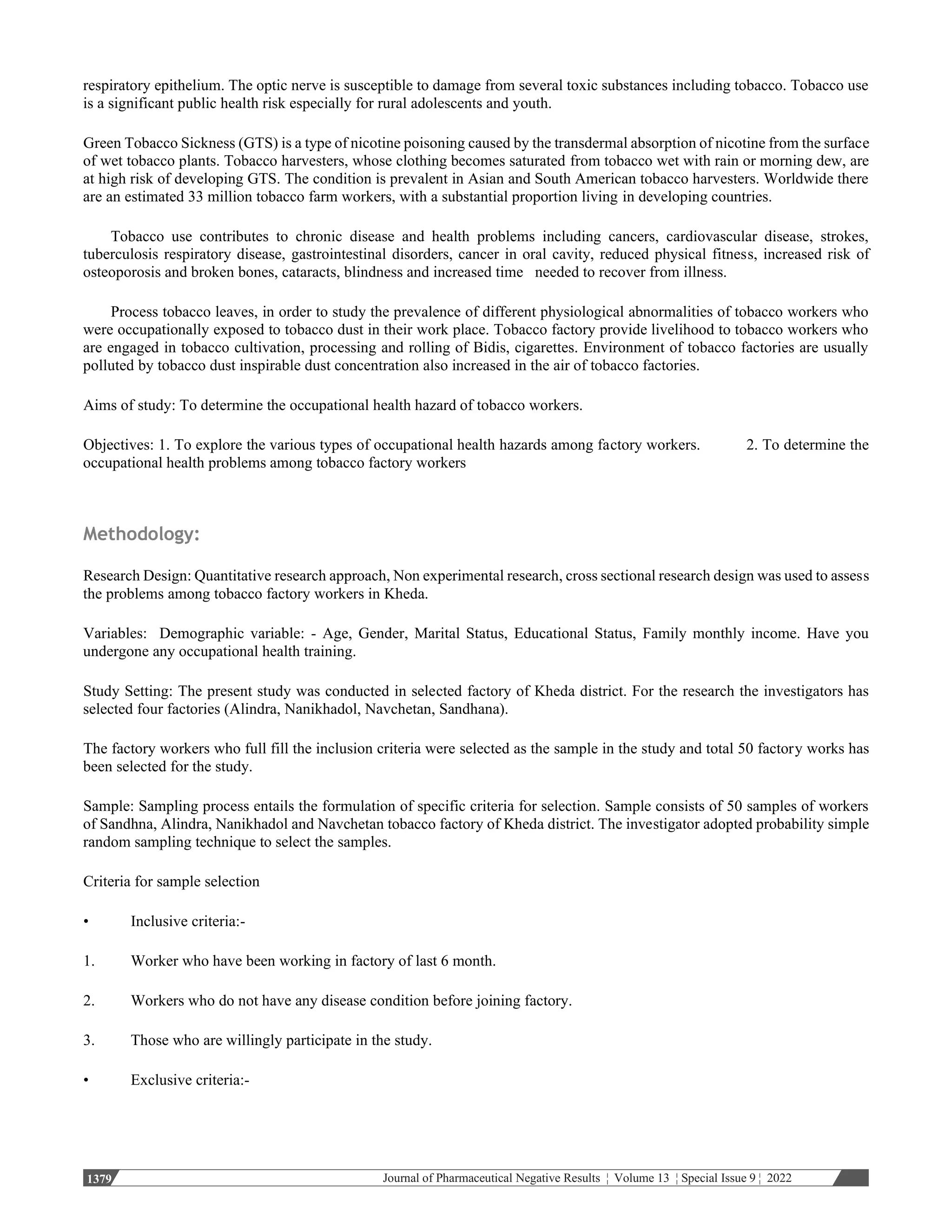 Occupational Health Problems Among Tobacco Processing Factory Workers ...