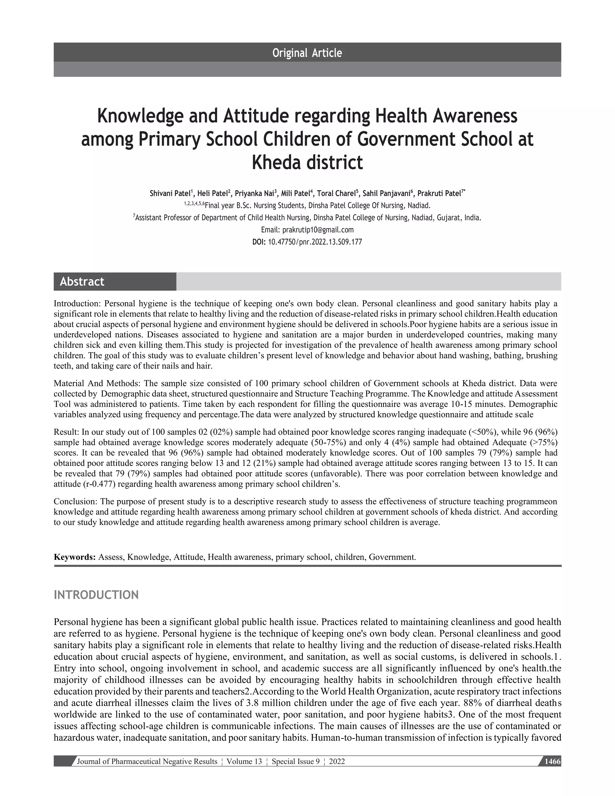 Knowledge and Attitude regarding Health Awareness among Primary School ...