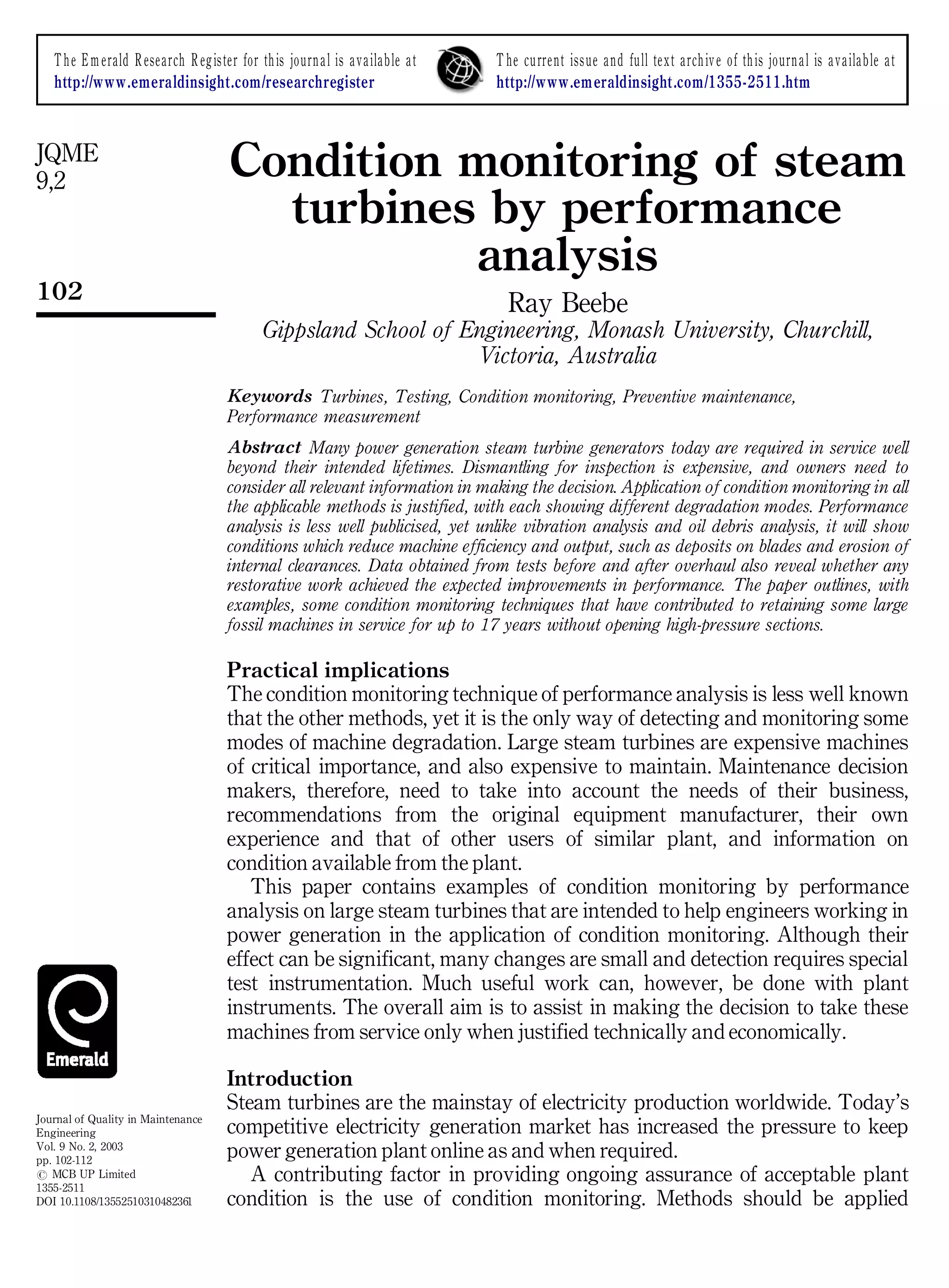 Condition monitoring of steam turbines | PDF