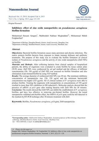 Inhibitory effect of zinc oxide nanoparticles on pseudomonas aeruginosa ...