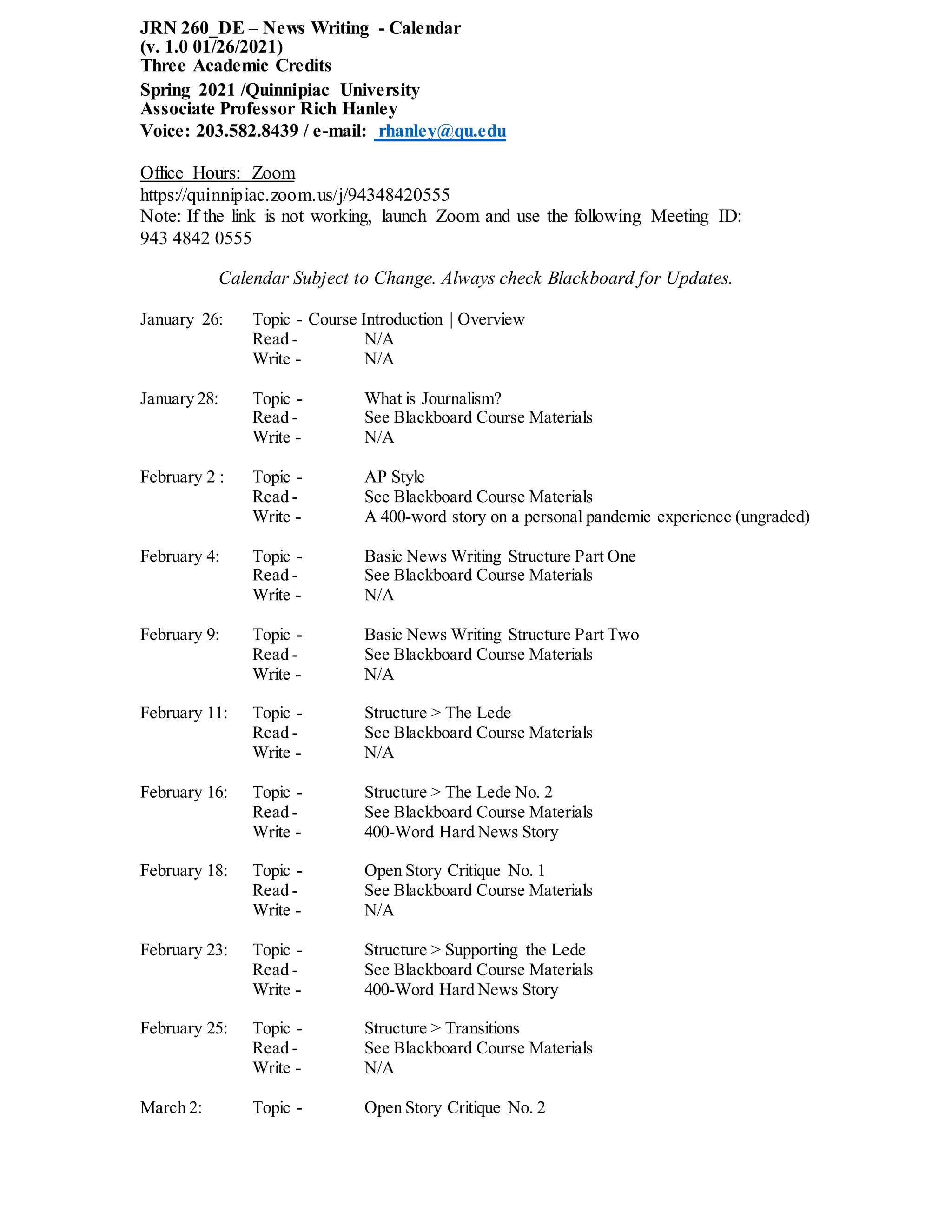 JRN 260 Syllabus - 2021 | DOCX