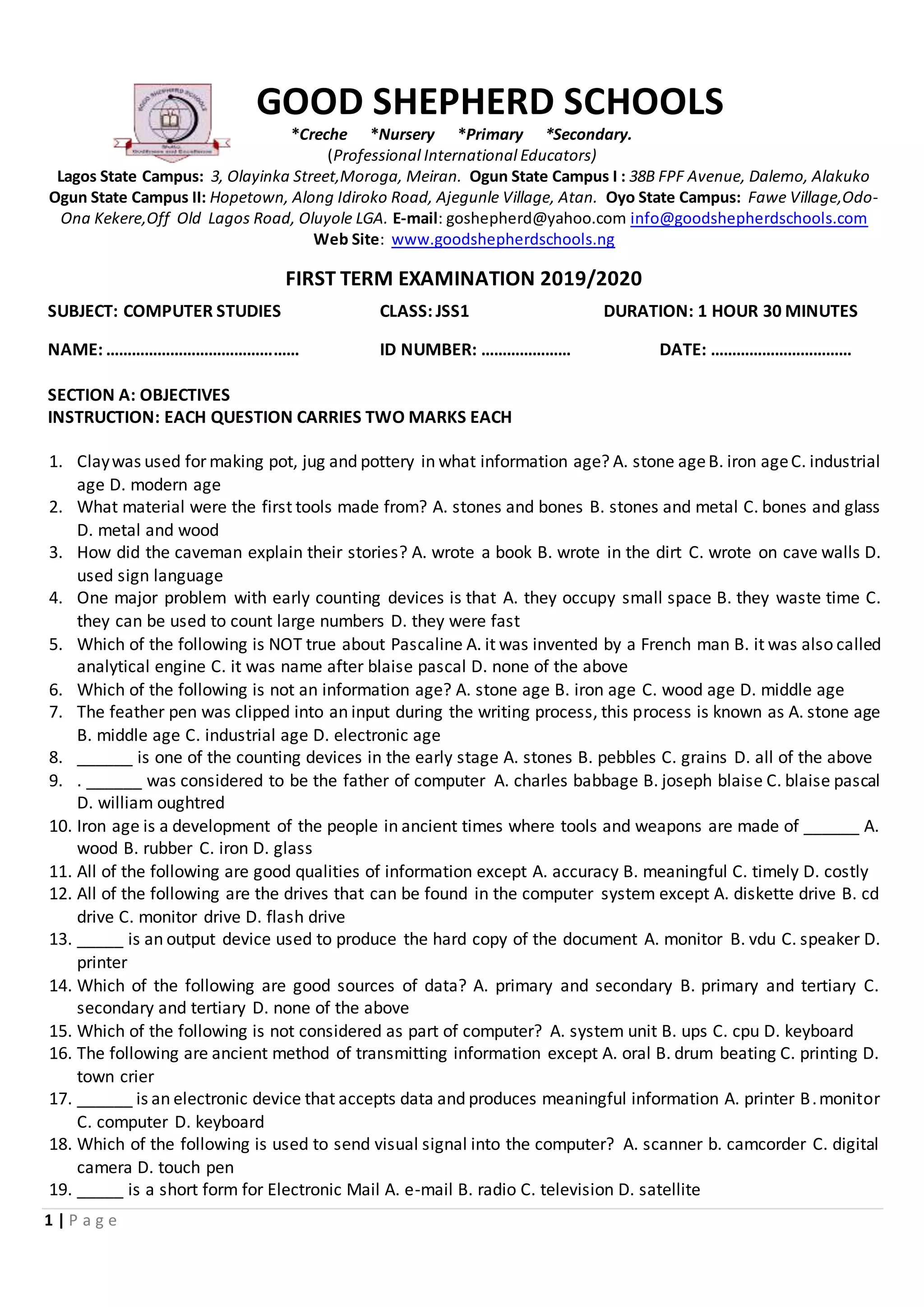 JSS1 COMPUTER STUDIES EXAMINATION (FIRST TERM) | DOCX