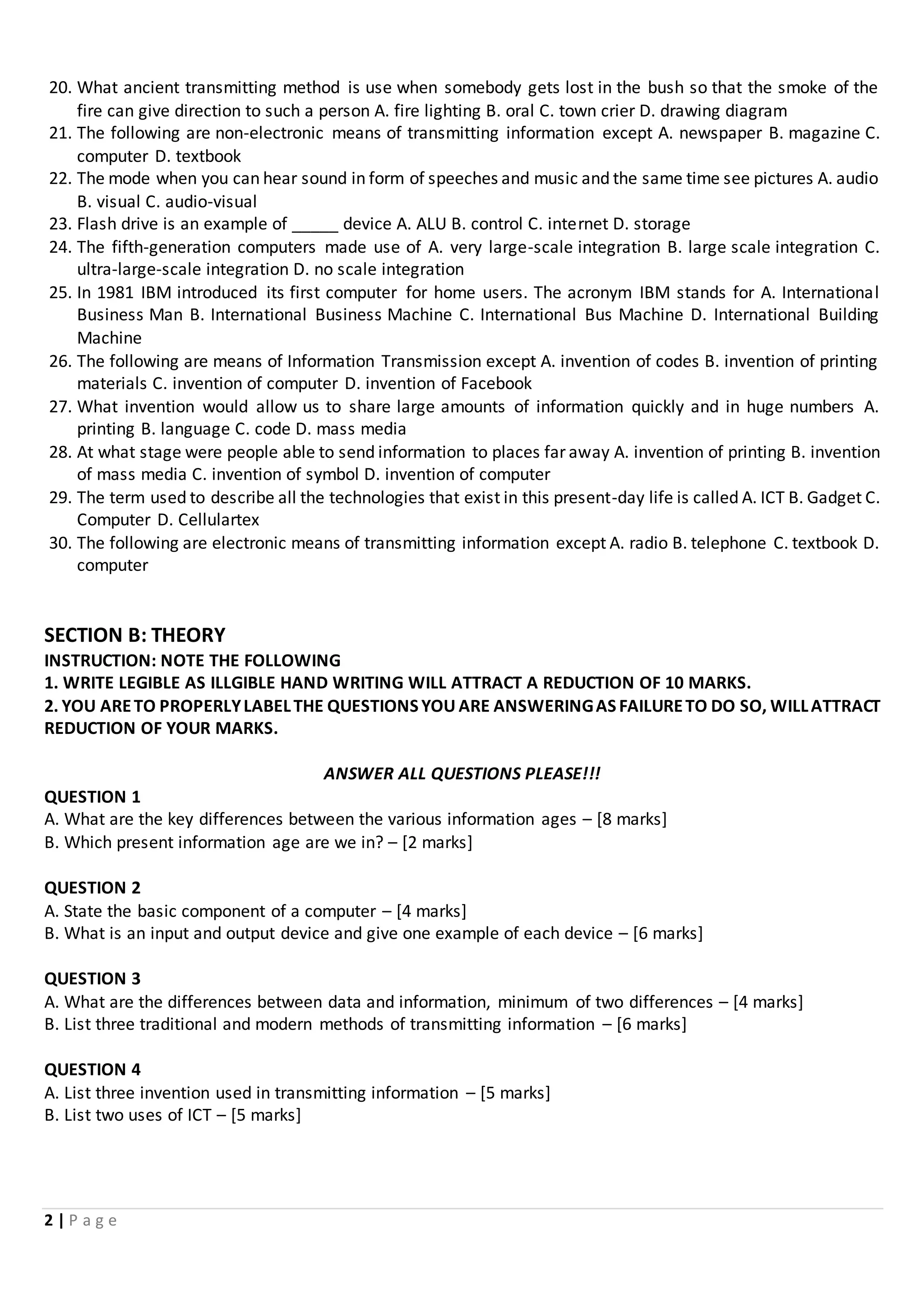 JSS1 COMPUTER STUDIES EXAMINATION (FIRST TERM) | DOCX