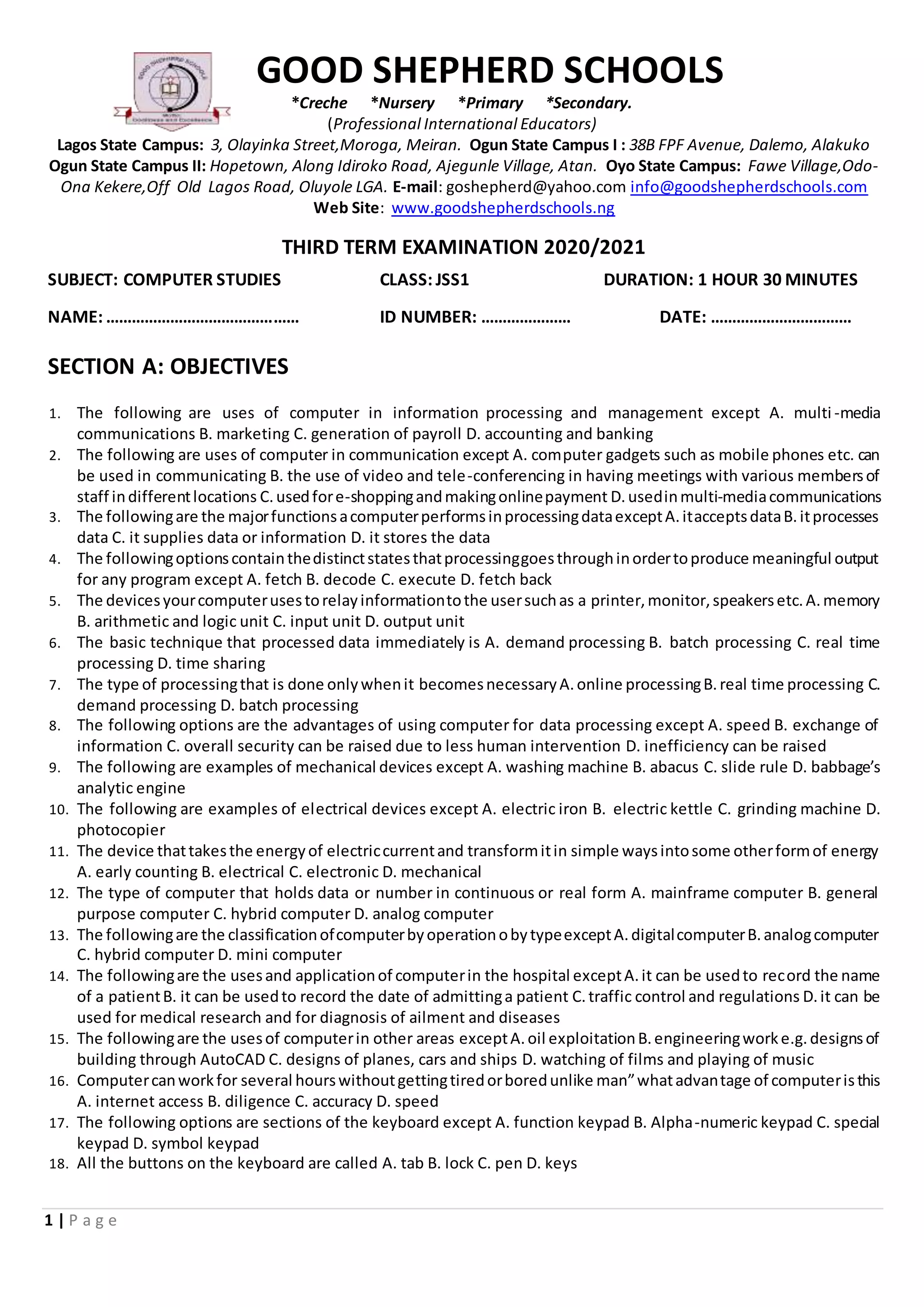 Js1 computer studies examination (Third Term) | DOCX