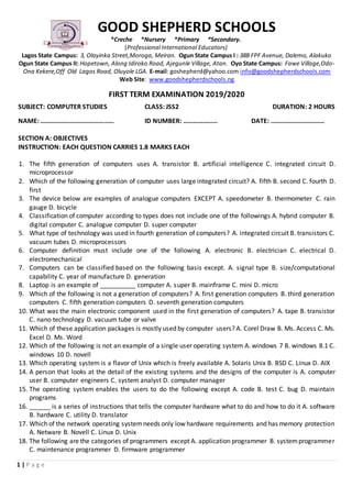 JSS2 COMPUTER STUDIES EXAMINATION (FIRST TERM) | DOCX