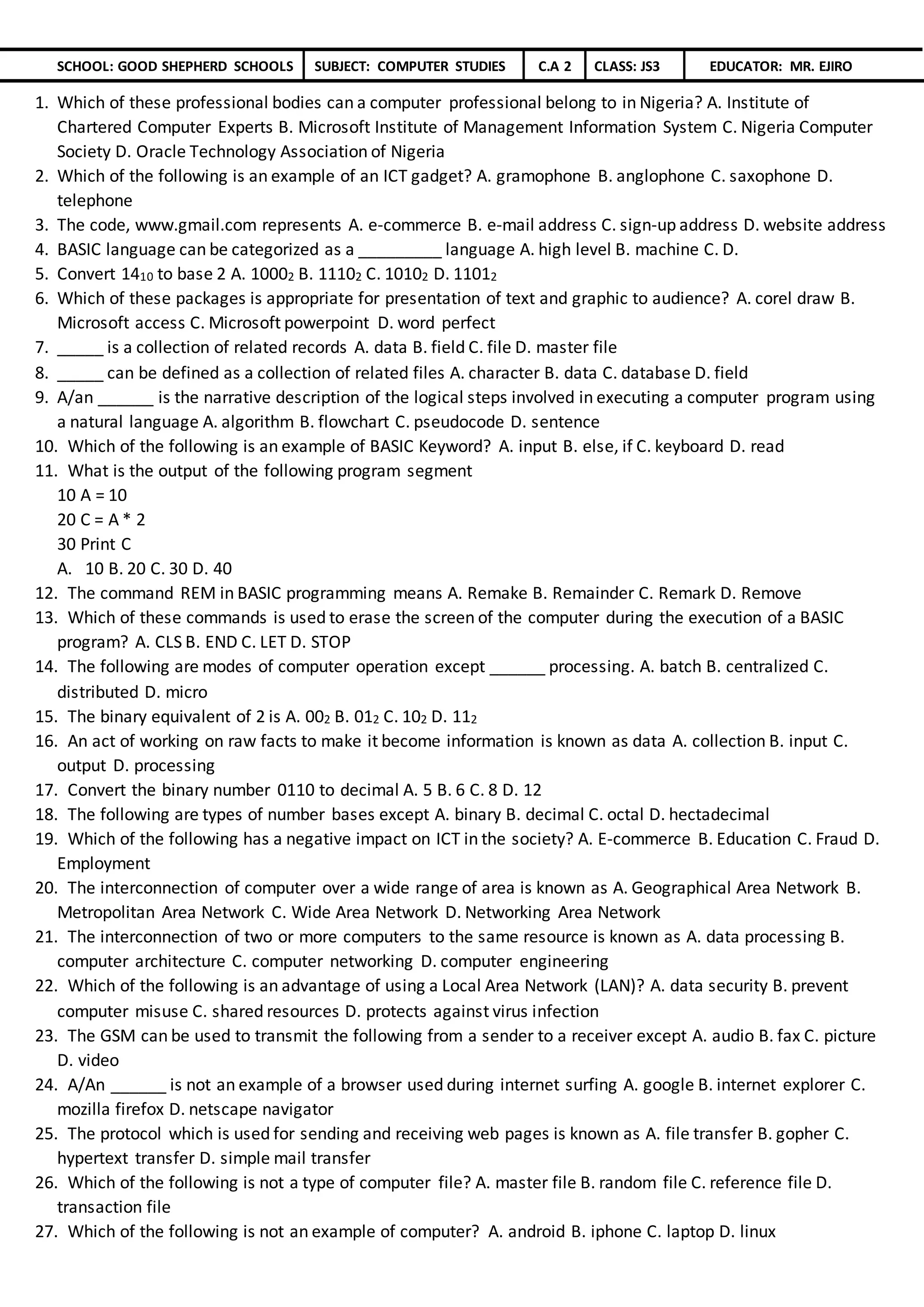 JS3 COMPUTER STUDIES FIRST TERM C.A 2 | PDF