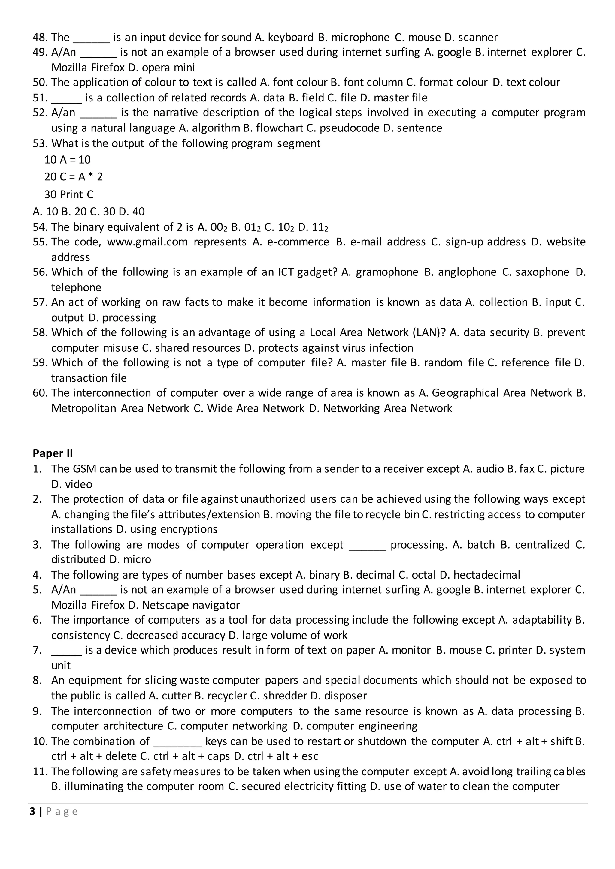 JSS3 COMPUTER STUDIES EXAMINATION (FIRST TERM) | DOCX