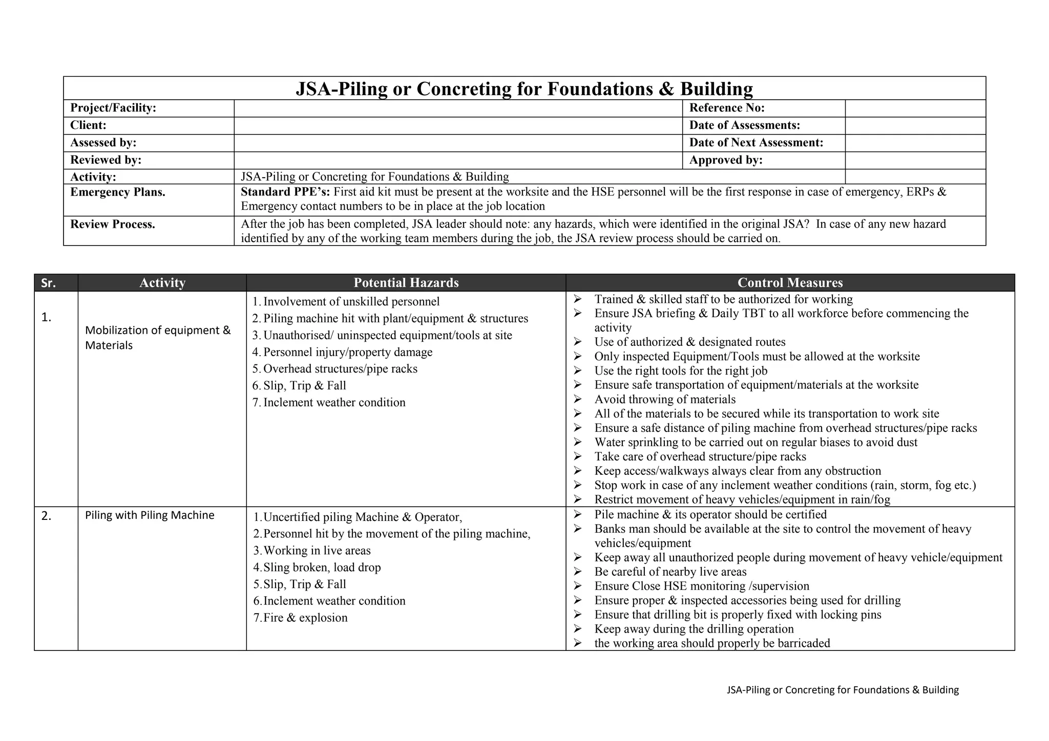 JSA-Piling or Concreting for Foundations & Building | DOCX