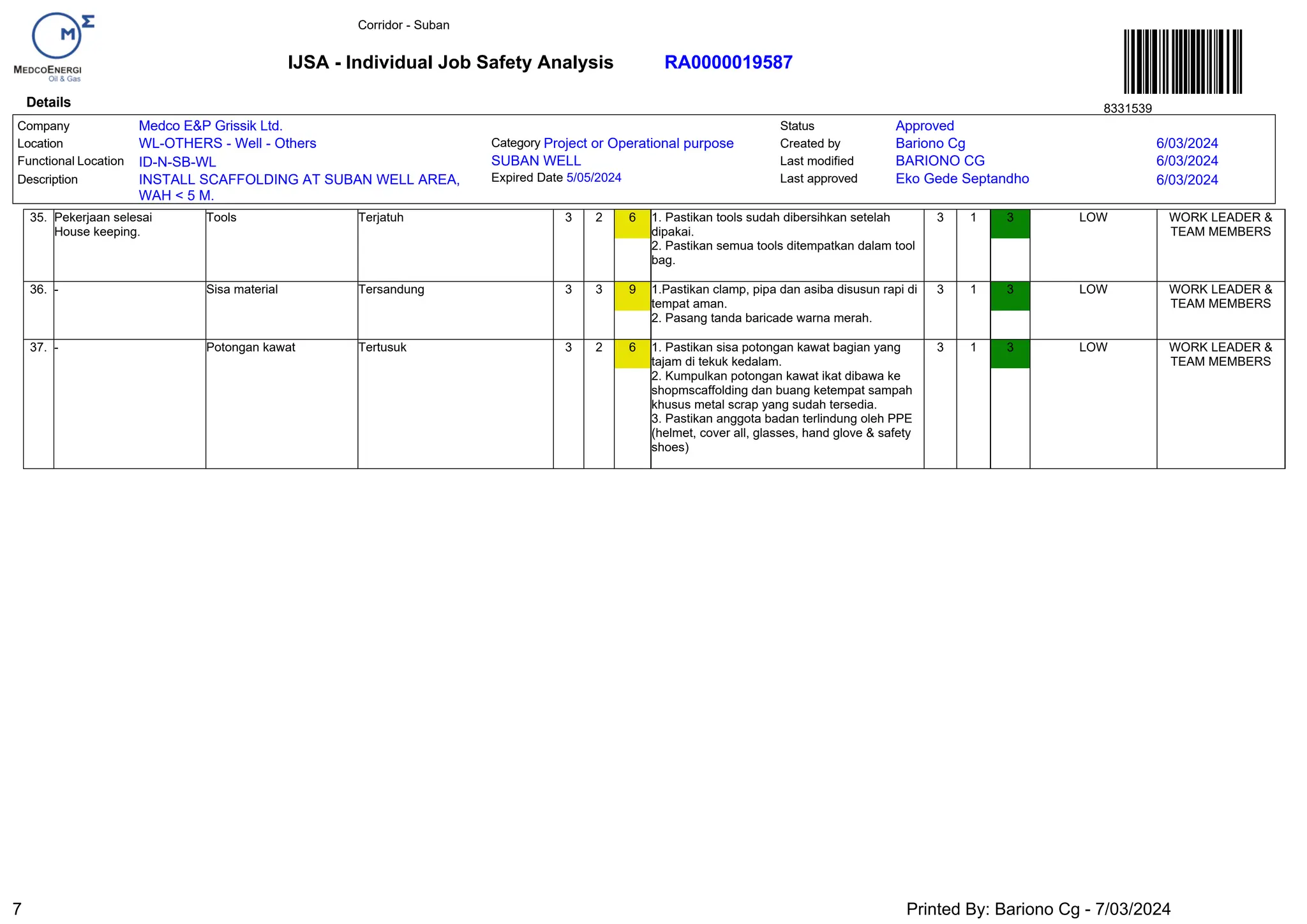 JSA jsa working at height , job safety analisis | PDF